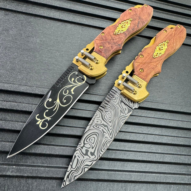 S-TEC Steampunk Spine Lock A/O Folding Knife 3.5" Damascus Steel Blade ...