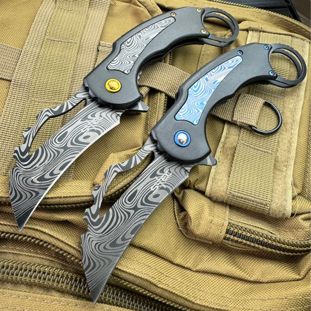 STEC 8.5" Military Damascus Spring Assisted Folding Pocket Knife Karam ...