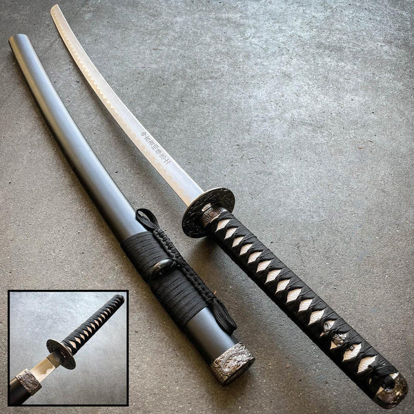Black Katana Sword W Dragon Engraved Scabbard And Black Blade