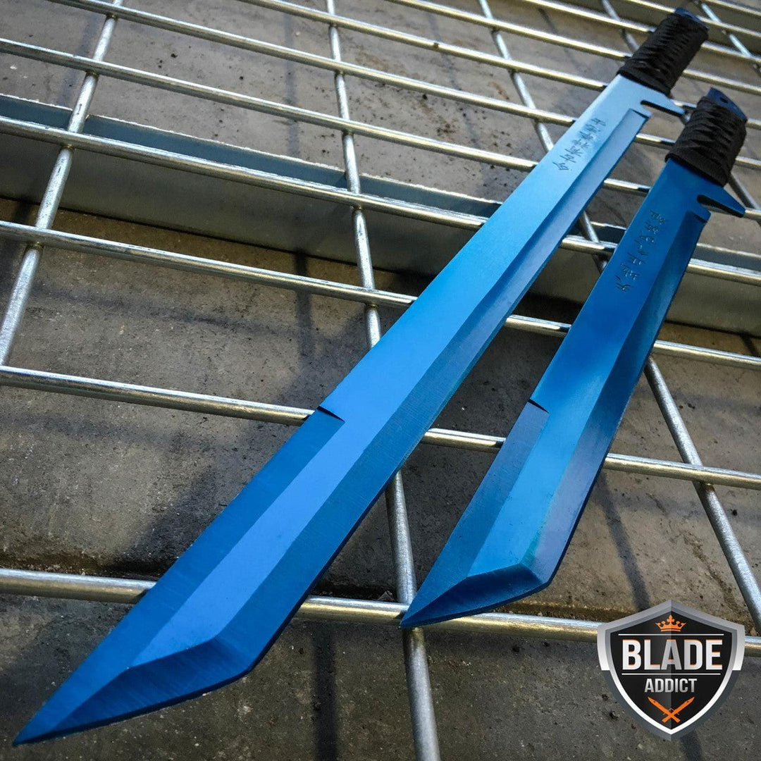 27" & 18" NINJA BLUE SWORD SET Samurai Machete COMBAT FANTASY KNIFE ...